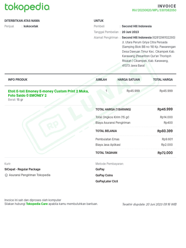 Invoice Pembelian E-money | PDF
