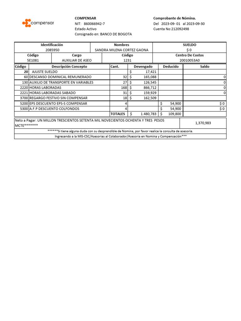 Compensar Comprobante de Nómina | PDF