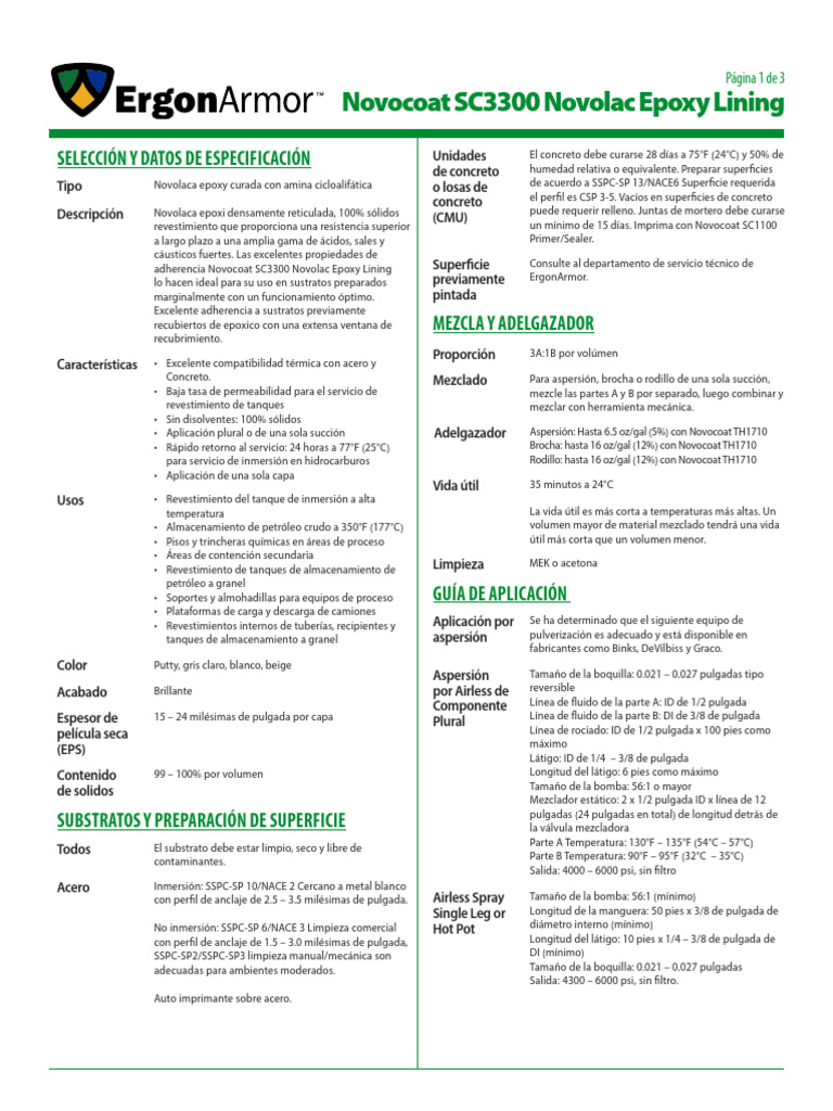 Novocoat SC3300 Novolac Epoxy Lining - SPANISH | PDF | Epoxy | Hormigón