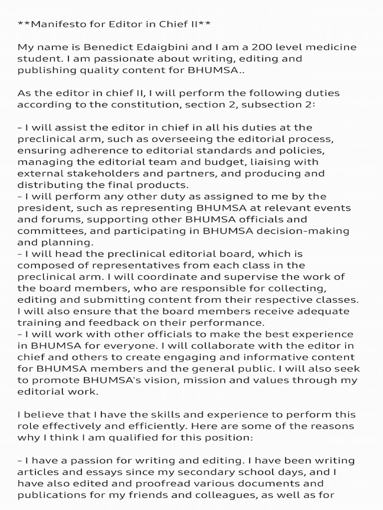 Manifesto For Editor in Chief | PDF
