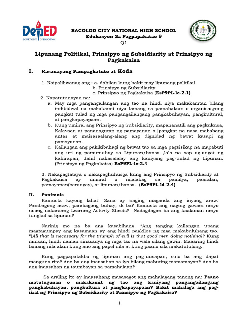 LAS Q1 Grade 9 MELC 2.1 2.4 SY 2022 2023 | PDF