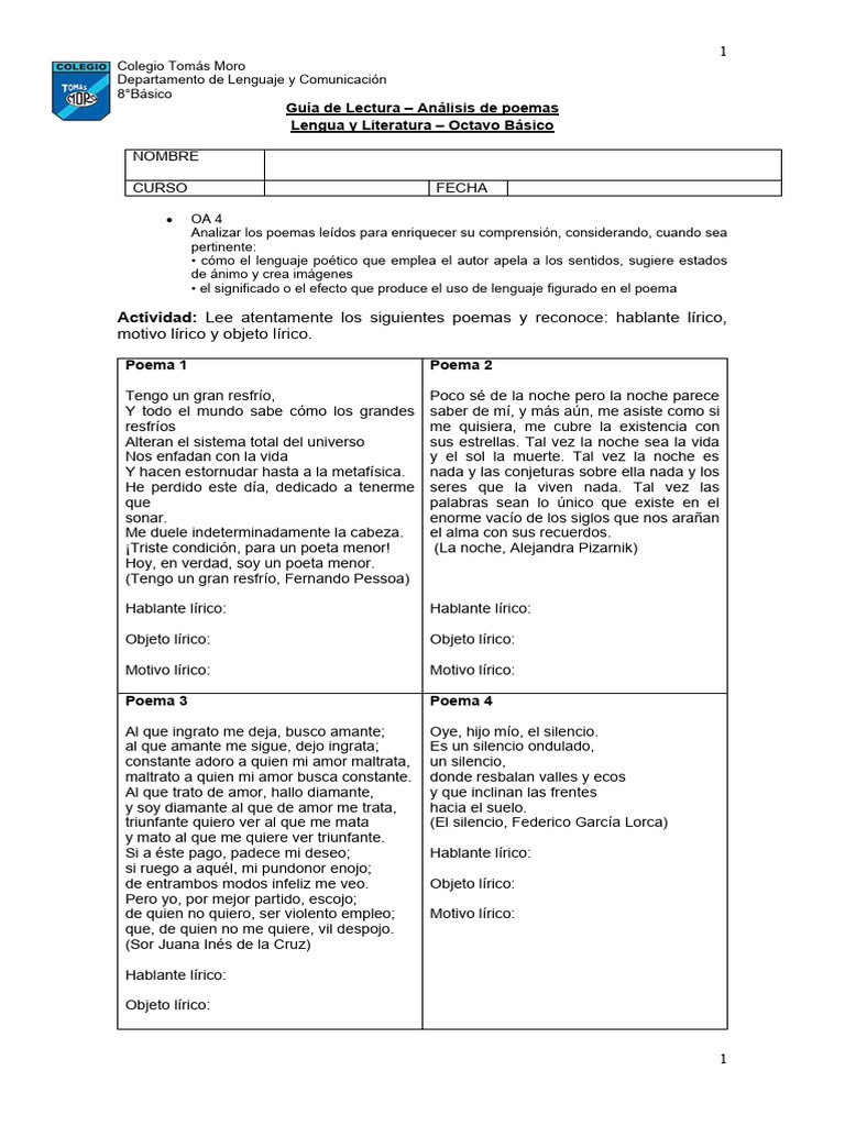 Guía de Lectura - Análisis de Poemas-8vo | PDF