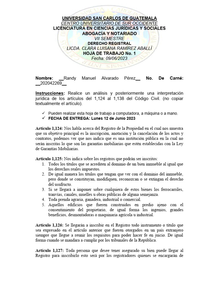 Hoja de Trabajo 1 D. Registral RANDY | PDF