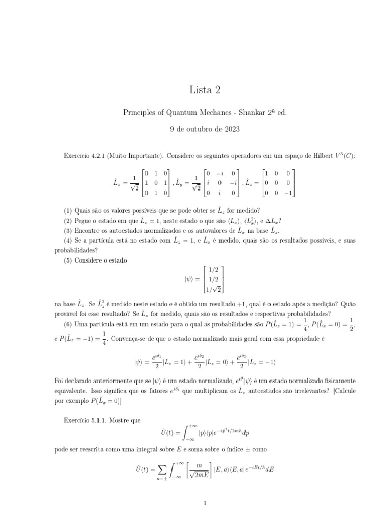 Lista de Exercícios - Mecânica Quântica A | PDF