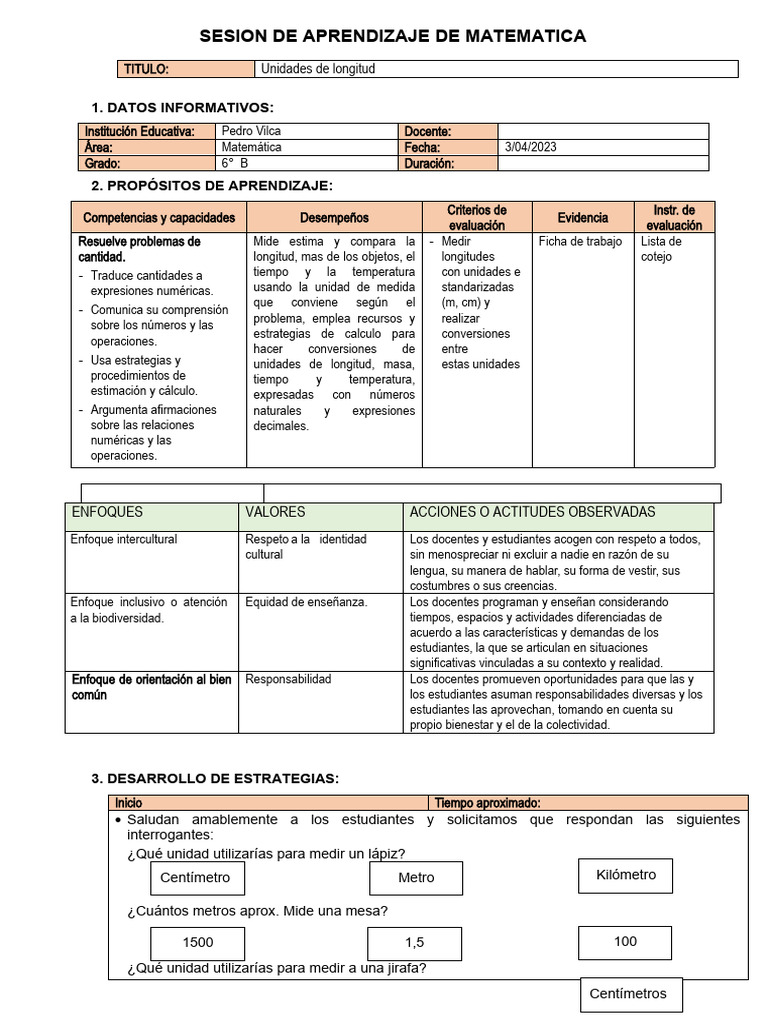 SESION DE APRENDIZAJE DE MATEMATICA cONVERSION DE MEDIDAS DE LONGITUD ... SESION DE APRENDIZAJE DE MATEMATICA cONVERSION DE MEDIDAS DE LONGITUD ...