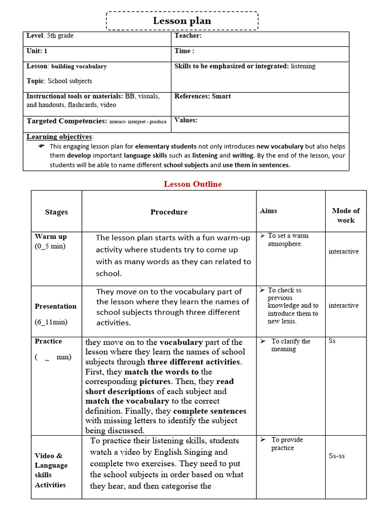 5th Grade Vocabulary Lesson Plan: School Subjects | PDF | Lesson Plan ...