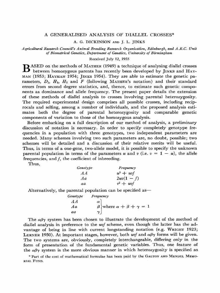 Hayman: A Generalised Analysis of Diallel Crosses | PDF | Zygosity ...
