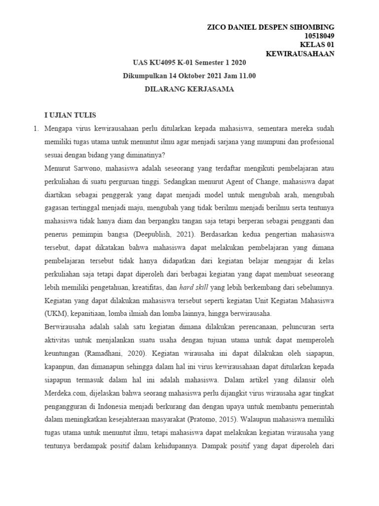 Zico Daniel Despen Sihombing - UTS Kewirausahaan | PDF | Bisnis