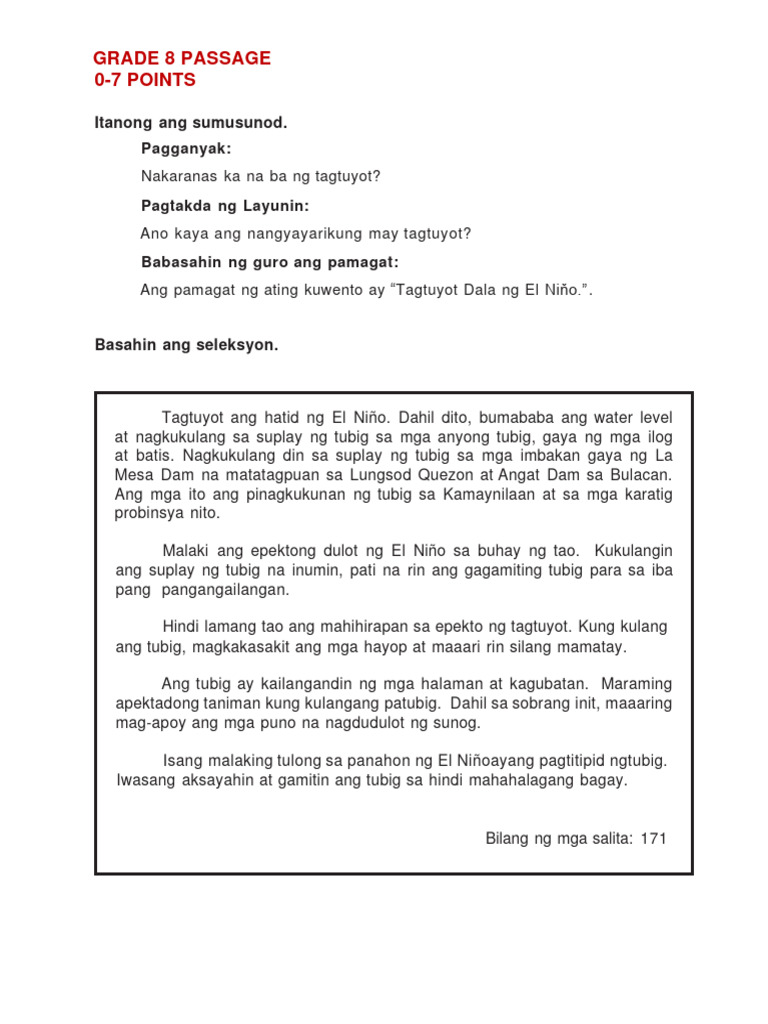 Grade-8-Passage-Tagtuyot-Hatid-ng-El-Nino-at-Buhayin-ang-Kabundukan | PDF