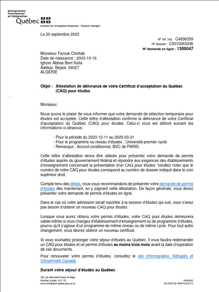 Objet: Attestation de Délivrance de Votre Certificat D'acceptation Du ...