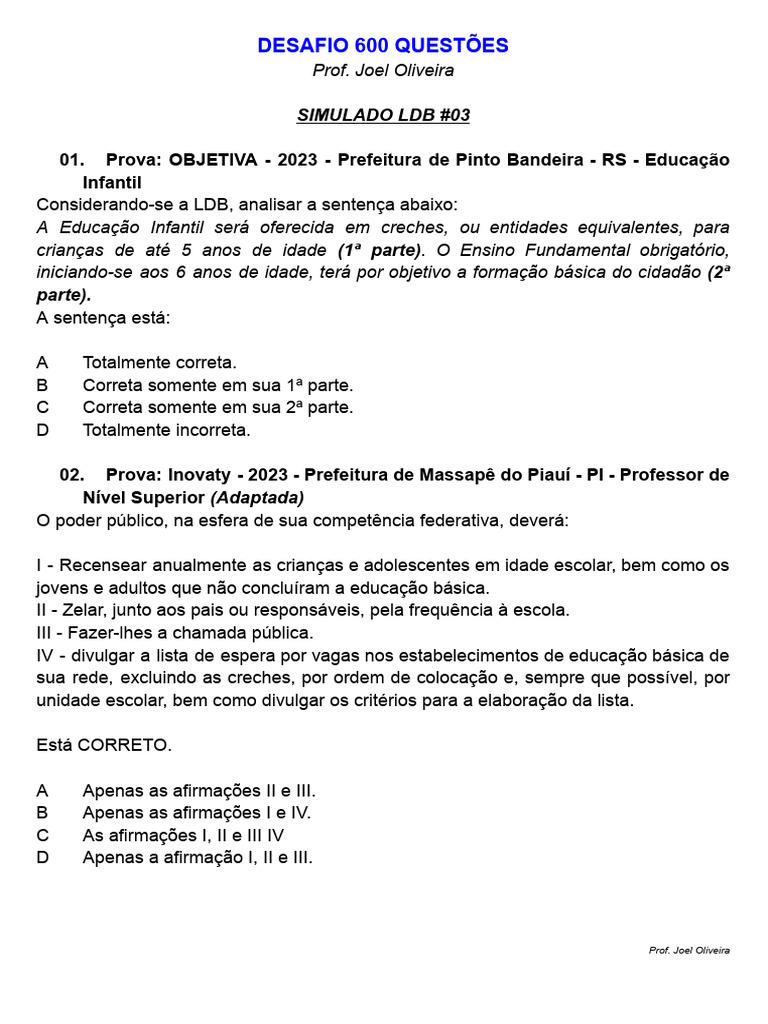 Simulado LDB 2023: Questões e Respostas | PDF | Pré-escola | Pedagogia