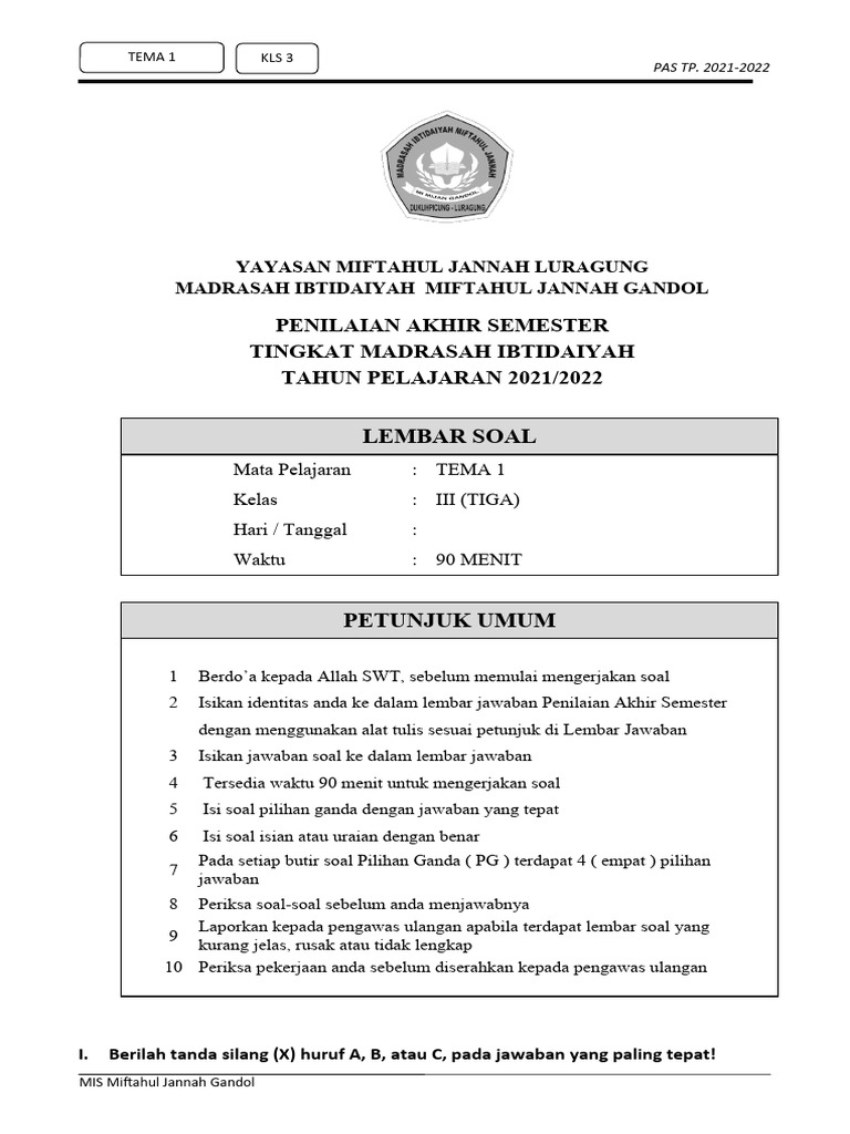Naskah Soal Pas Kelas 3 Tema 1 | PDF