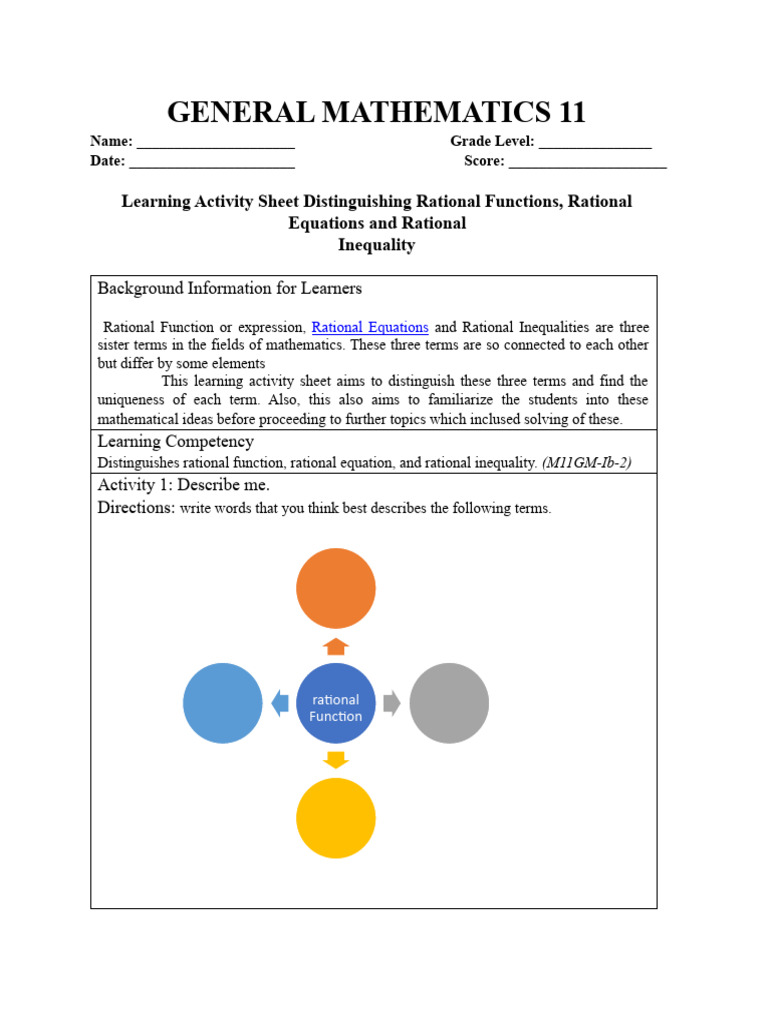 GENERAL MATHEMATICS 11 Distinguishing Rational Functions Rational Equations and Rational ...