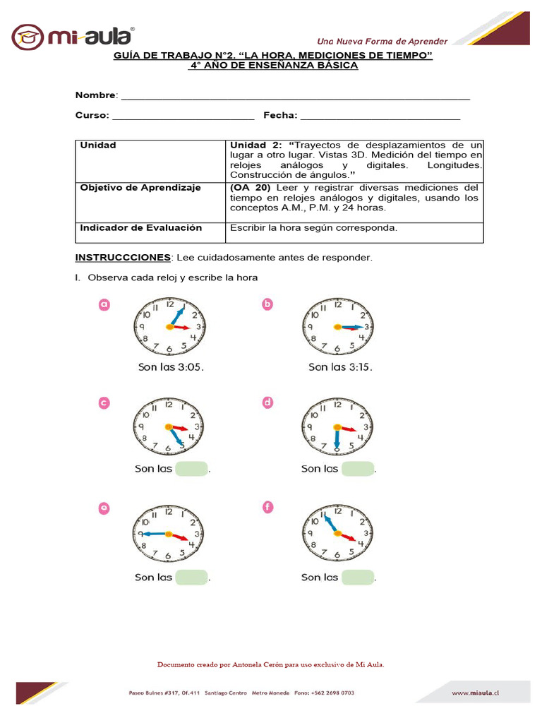 Medición de Tiempo en Relojes 4° Básico | PDF
