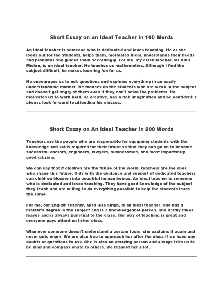 Short Essay On An Ideal Teacher in 100 Words | PDF | Teachers | Knowledge