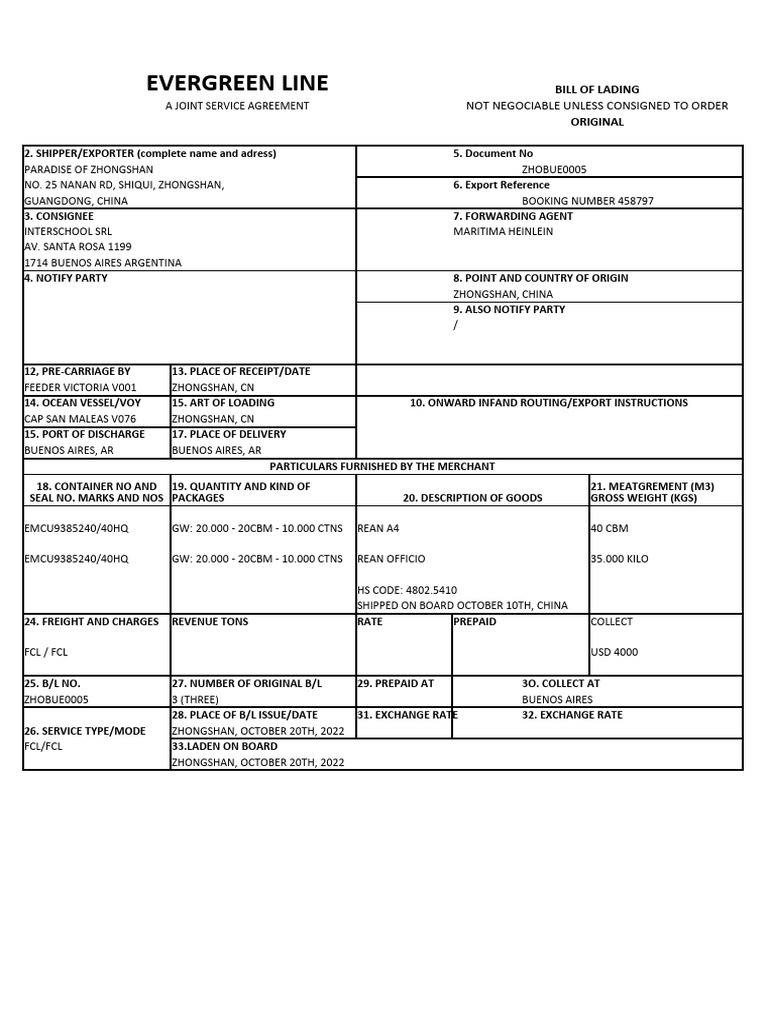 Evergreen Line: Not Negociable Unless Consigned To Order | PDF | Cargo | Bill Of Lading