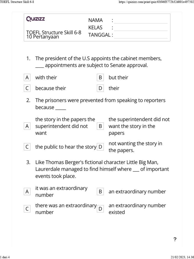 TOEFL Structure Skill 6-8 | PDF