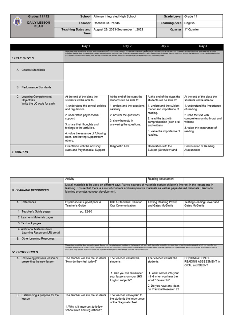 Grade 11 English Lesson Plan | PDF