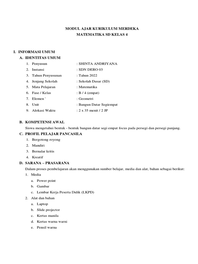 Modul Ajar Bangun Datar | PDF | Seni & Disiplin Bahasa