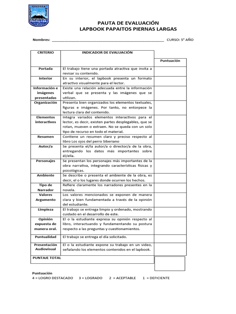 Pauta de Evaluacion Lapbook | PDF | Evaluación