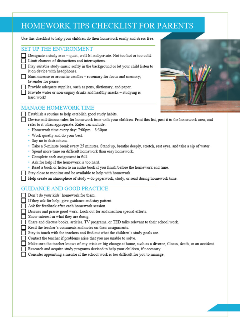 Homework Tips Checklist For Parents | PDF | Career & Growth | Self ...