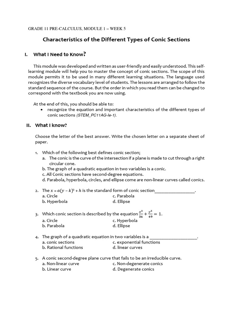 PRE CALCULUS - MODULE Week 5 | PDF | Equations | Ellipse