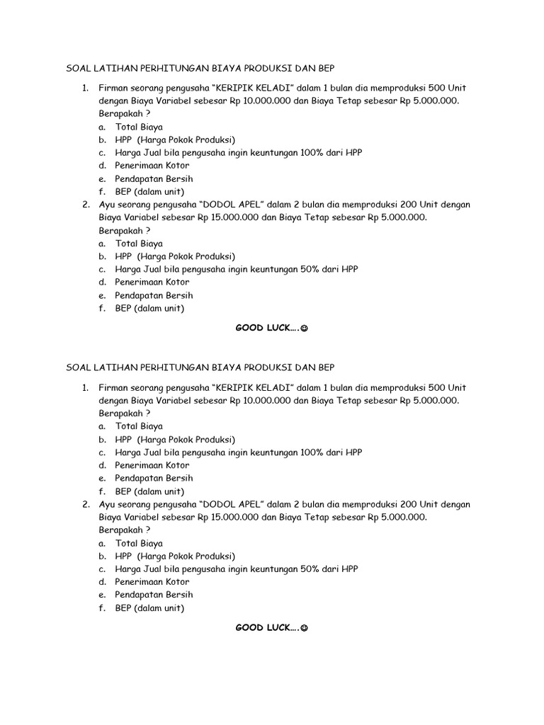 Soal Latihan Perhitungan Biaya Produksi Dan Bep | PDF