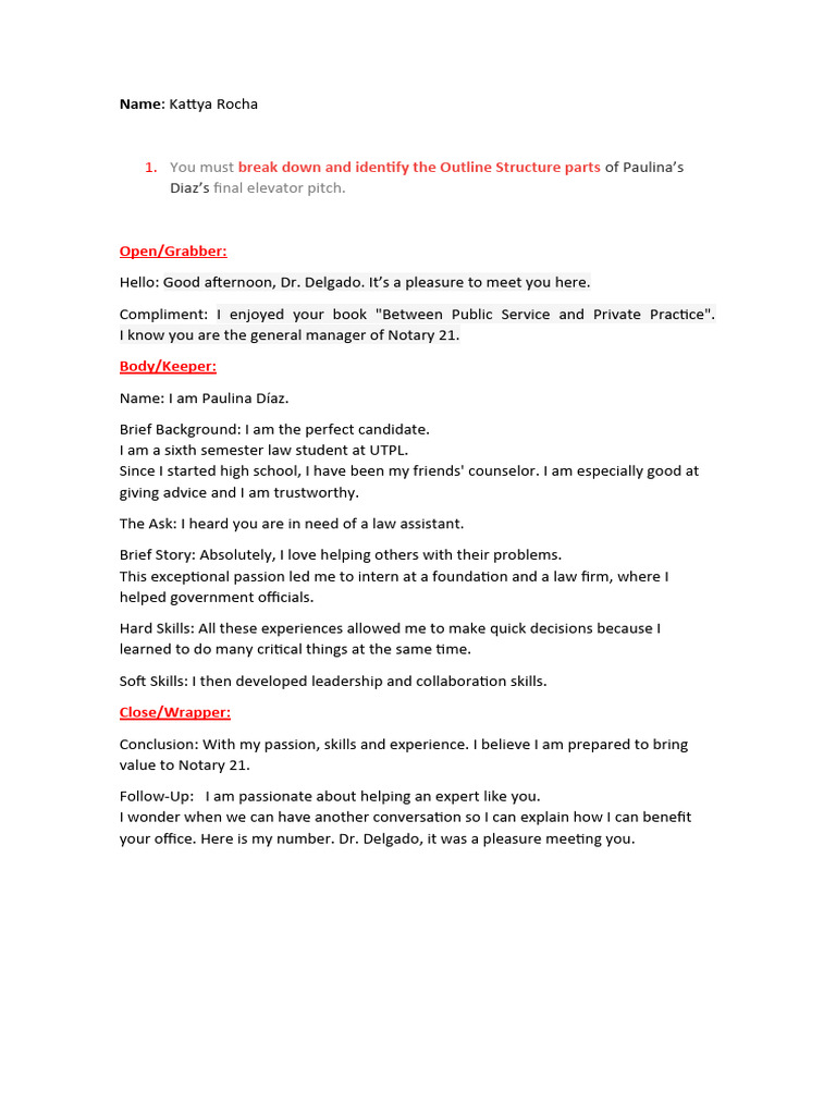 Elevator Pitch Structure Homework | PDF