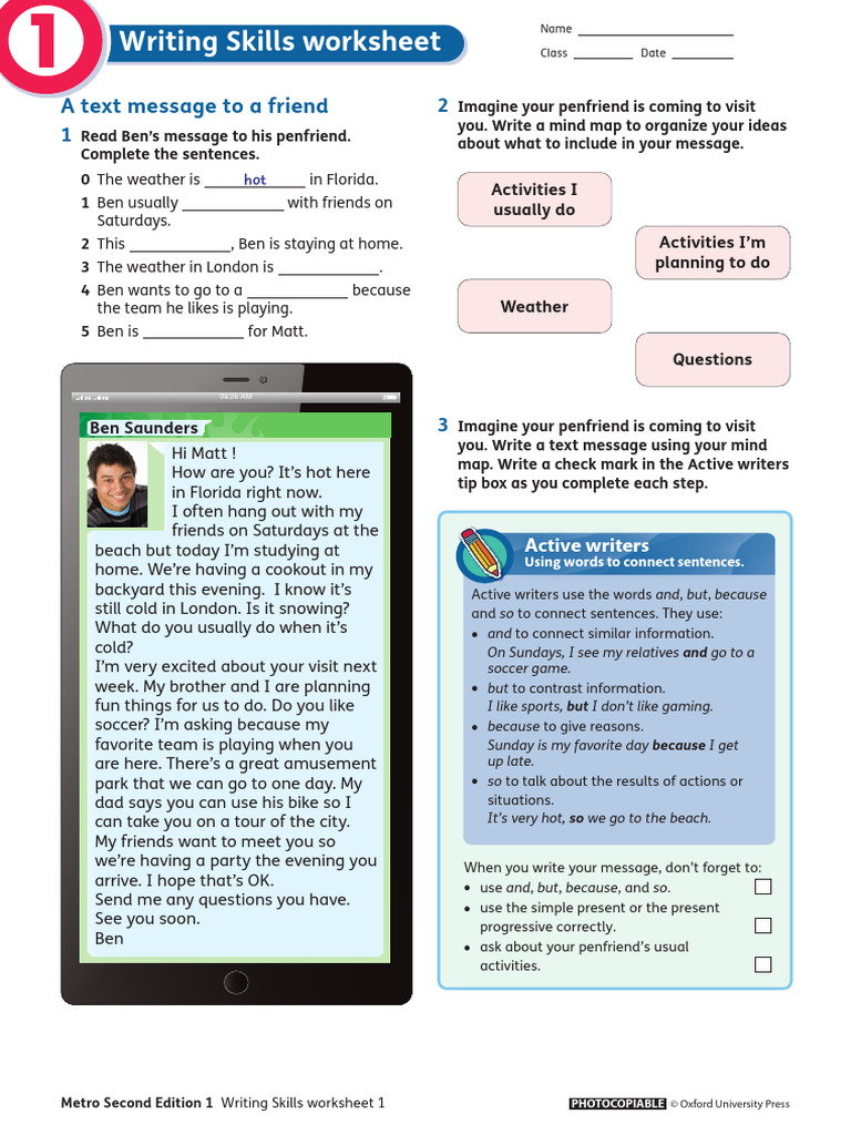Metro2e L1 Writing Worksheets 1 8 | PDF