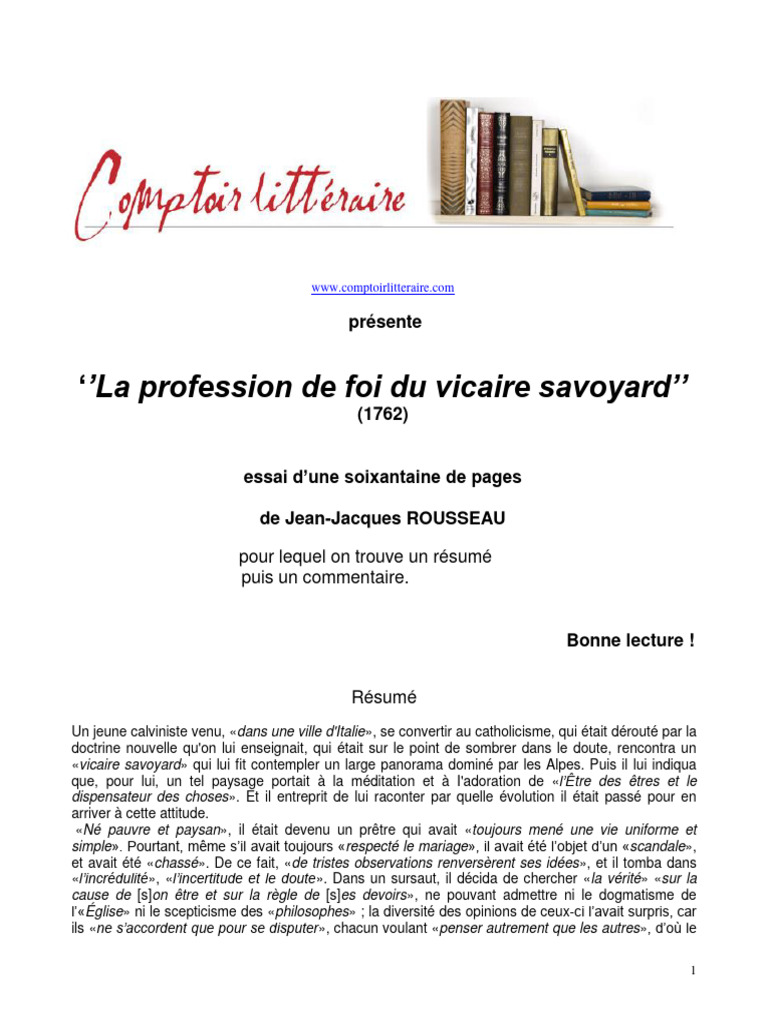 Analyse de Rousseau : Vicaire Savoyard | PDF | Dieu | Jean-Jacques Rousseau