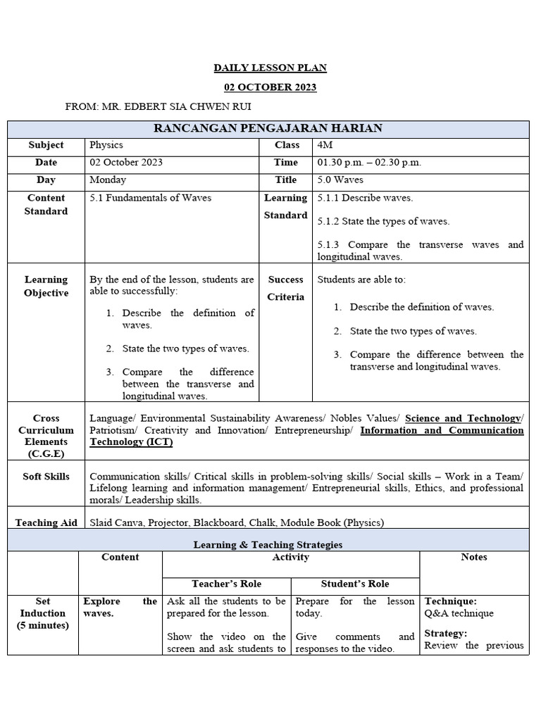 Daily Lesson Plan | PDF | Learning | Teachers