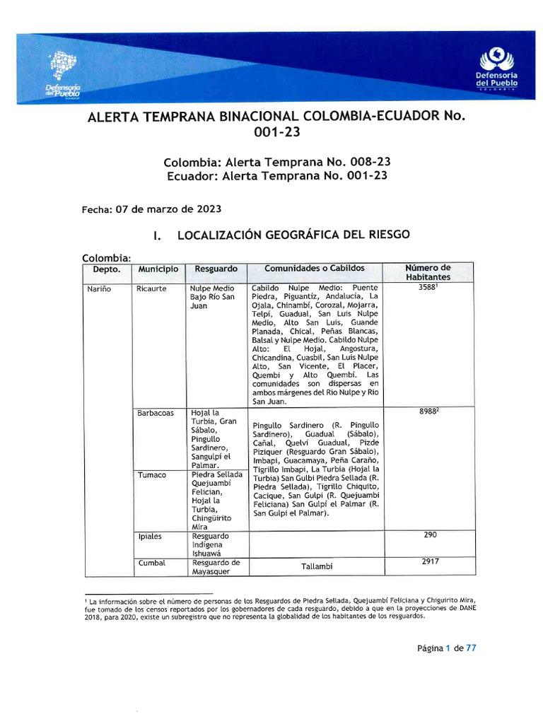 Alerta Temprana 008-23 | PDF