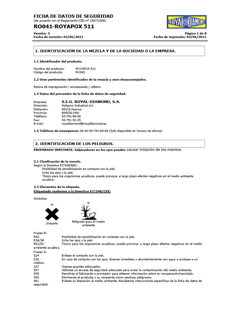 Royapox 511 Hoja Seguridad | Descargar gratis PDF | Materiales | Química