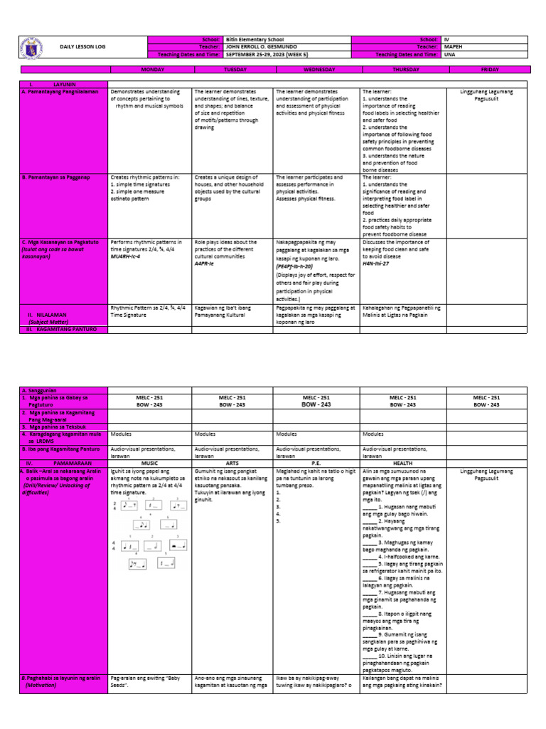 DLL Mapeh-4 Q1 W5 | PDF