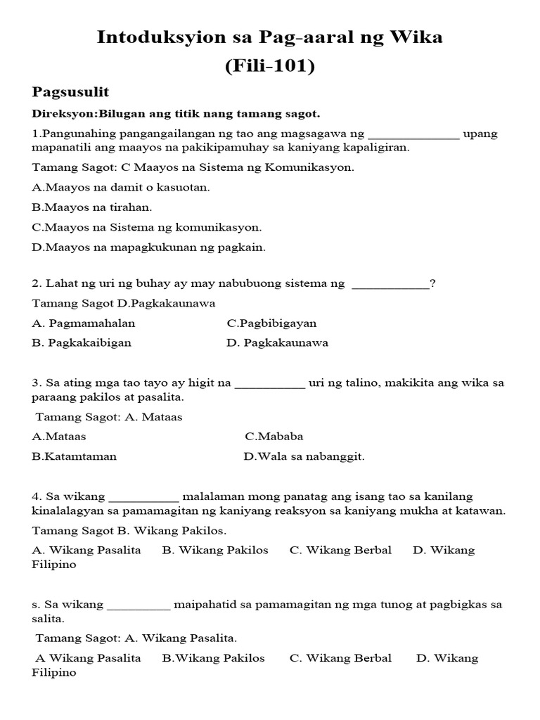 INTRODUKSYON SA PAG-AARAL NG WIKA PAGSUSULIT | PDF