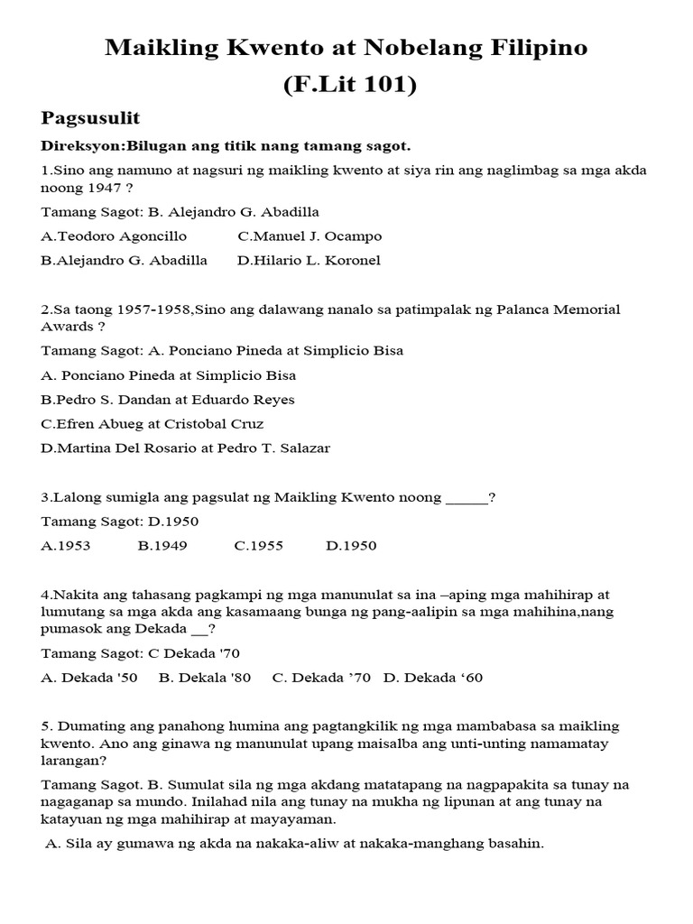 Maikling Kwento at Nobelang Filipino Pagsusulit | PDF
