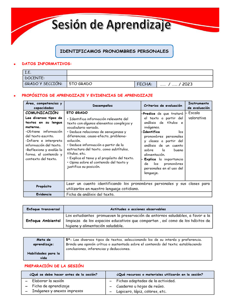 PRONOMBRES PERSONALES Sesoion | PDF | Evaluación | Aprendizaje