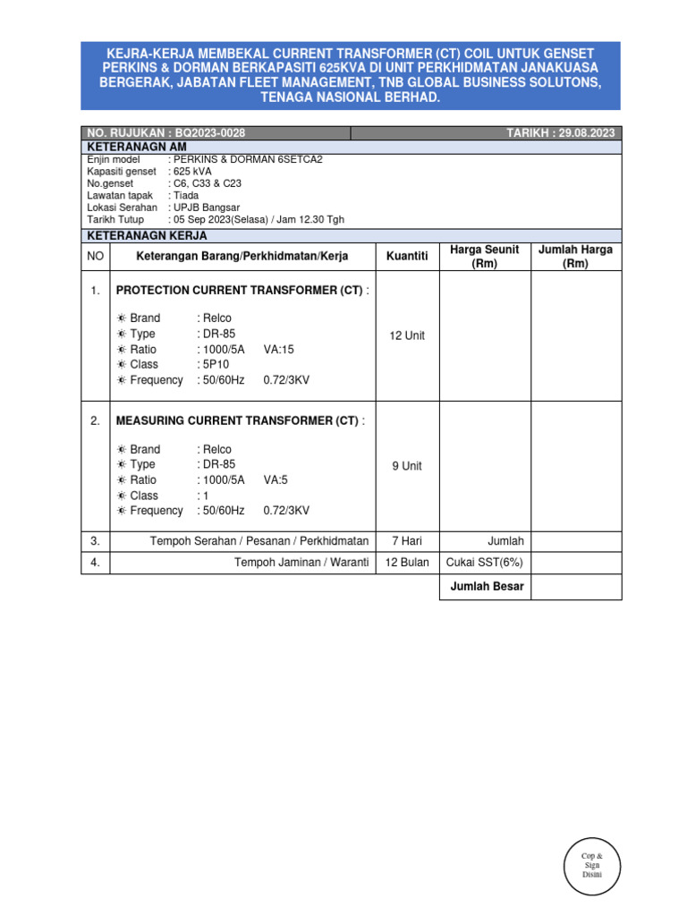 BQ - Pembekalan CT Coil - 625kVA.C6, C33, C23 | PDF