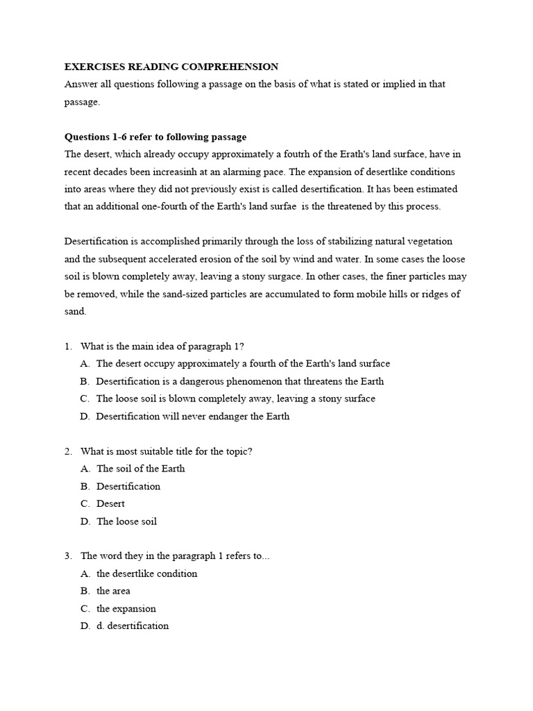 EXERCISES READING COMPREHENSION | PDF