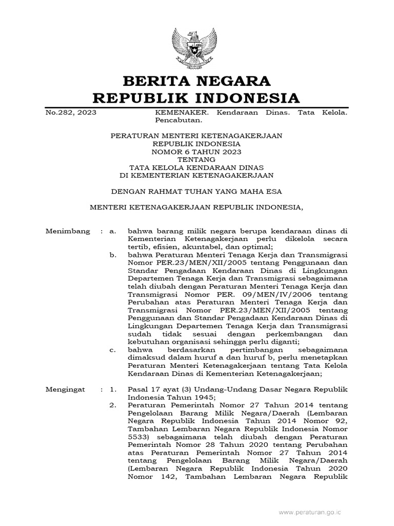 Permenaker Nomor 6 Tahun 2023 | PDF