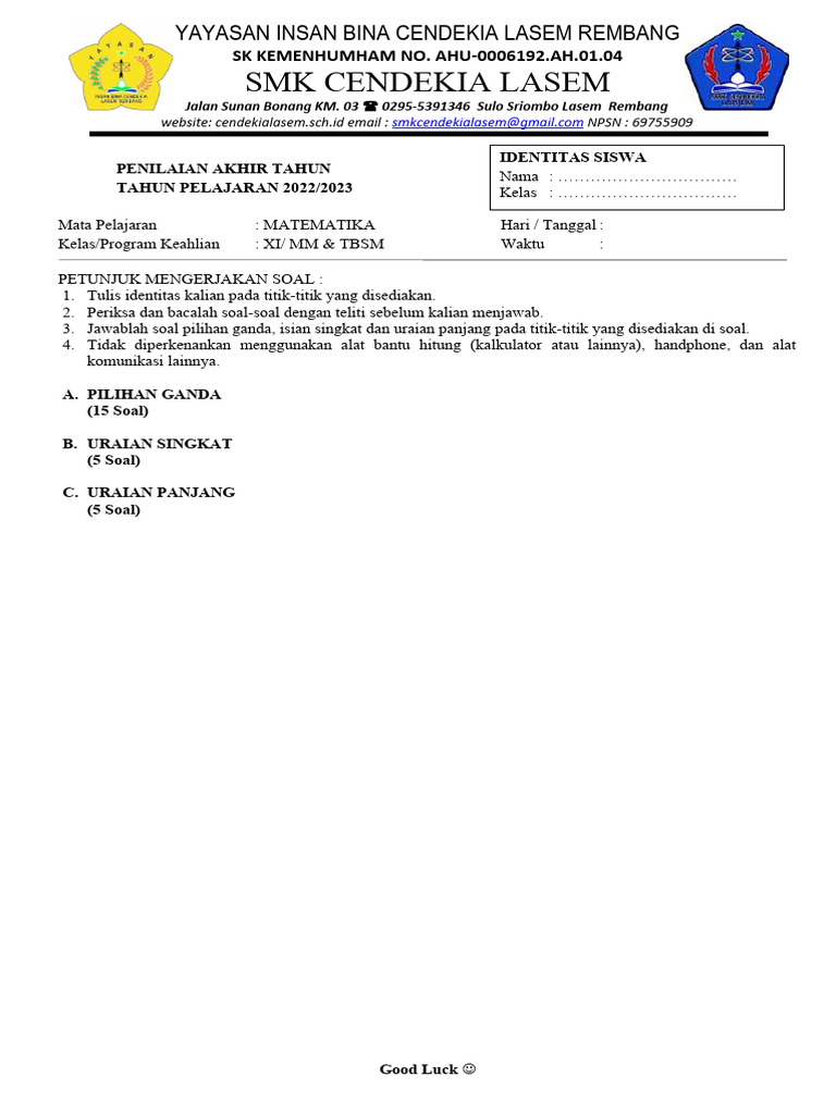 Form Soal PAS 2022-2023 | PDF