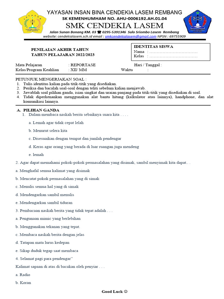 Form Soal PAS 2022-2023-REPORTASE | PDF