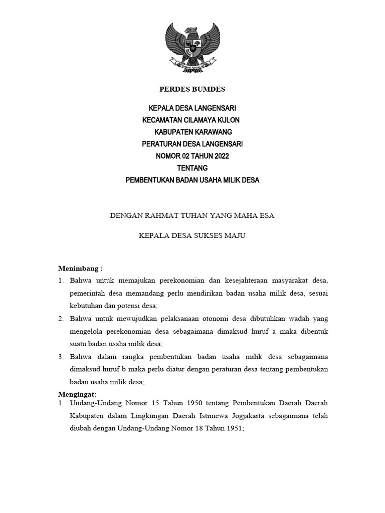 Contoh Perdes Pembentukan BUMDes 2020 | PDF