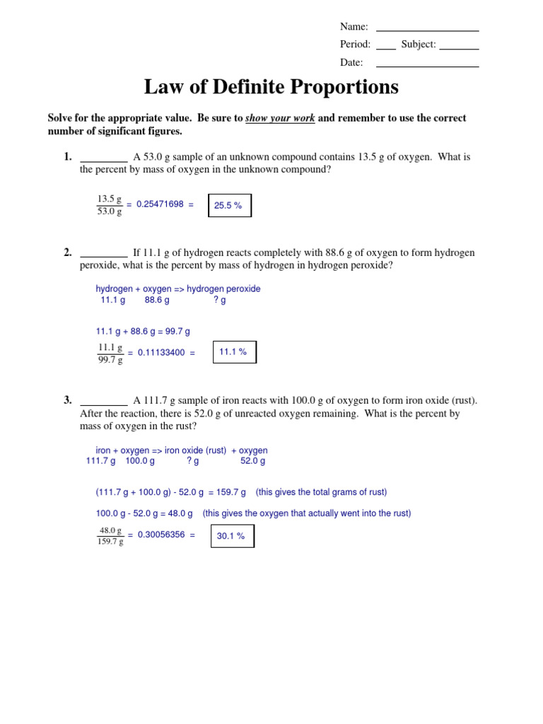 Worksheet Definite Proportions - Key | PDF | Hydrogen | Oxygen