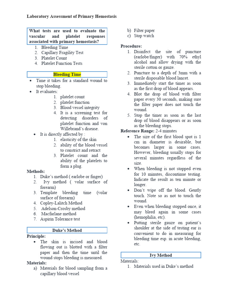 Laboratory Assessment in Primary Hemostasis | PDF