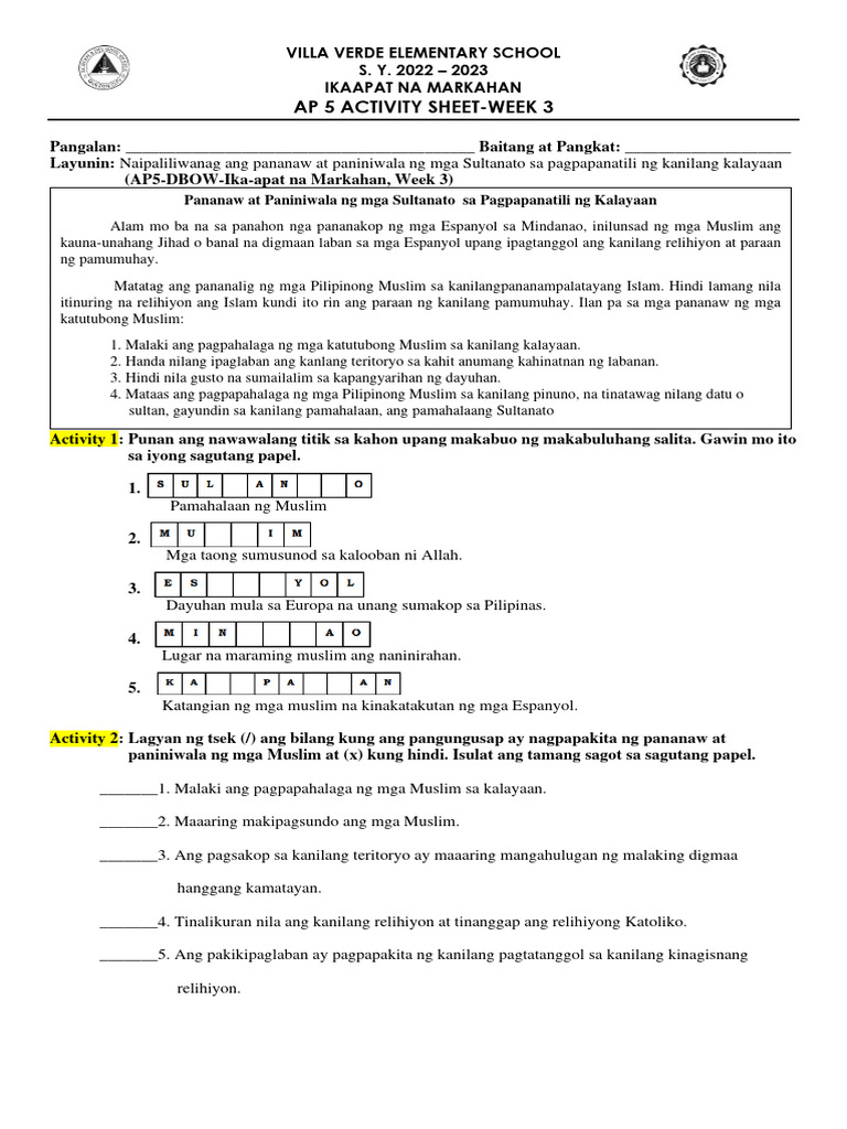 Activity Sheet Ap5 Week3 | PDF