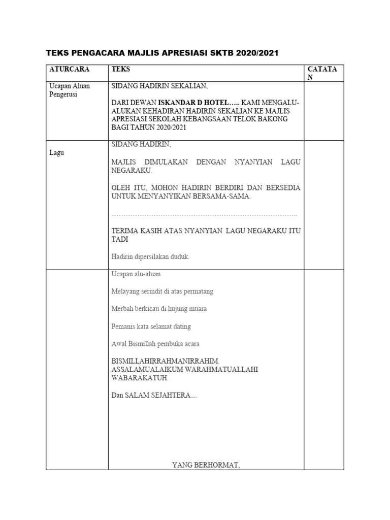 Teks Pengacara Majlis Apresiasi SKTB 2020 | PDF | Agama & Spiritualitas