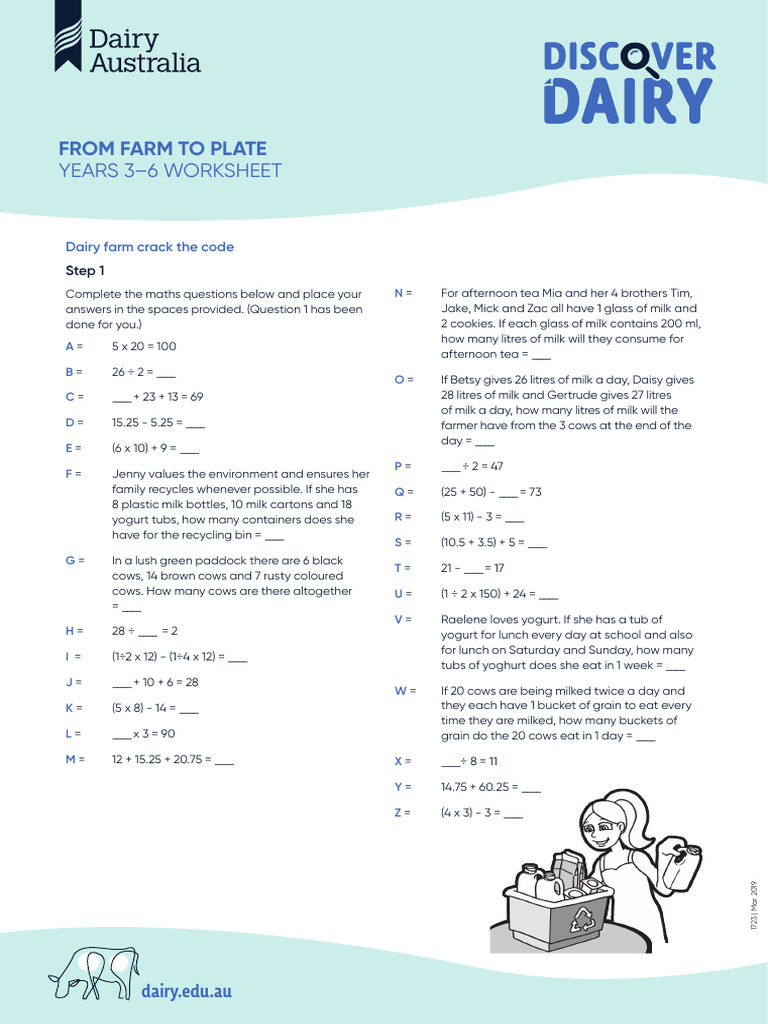 Discover Dairy Worksheet Y36 Dairy Farm Crack The Code 2019 | PDF