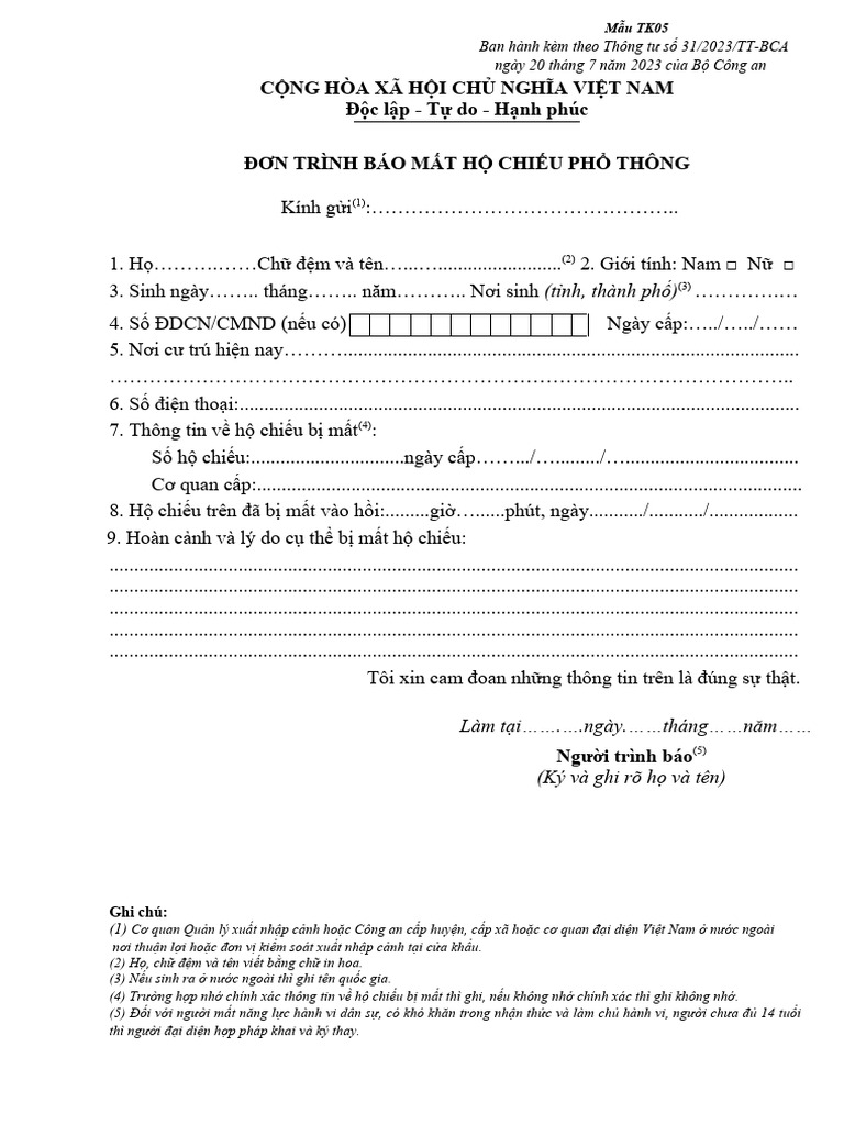 Mẫu TK05 Báo Mất HC 05 7 TK05 MỚI | PDF