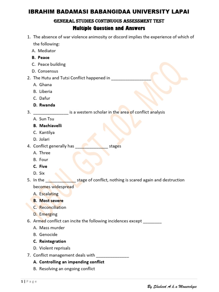 GST 102 MCQ by Abdulshaheed | PDF | Violence | Peace
